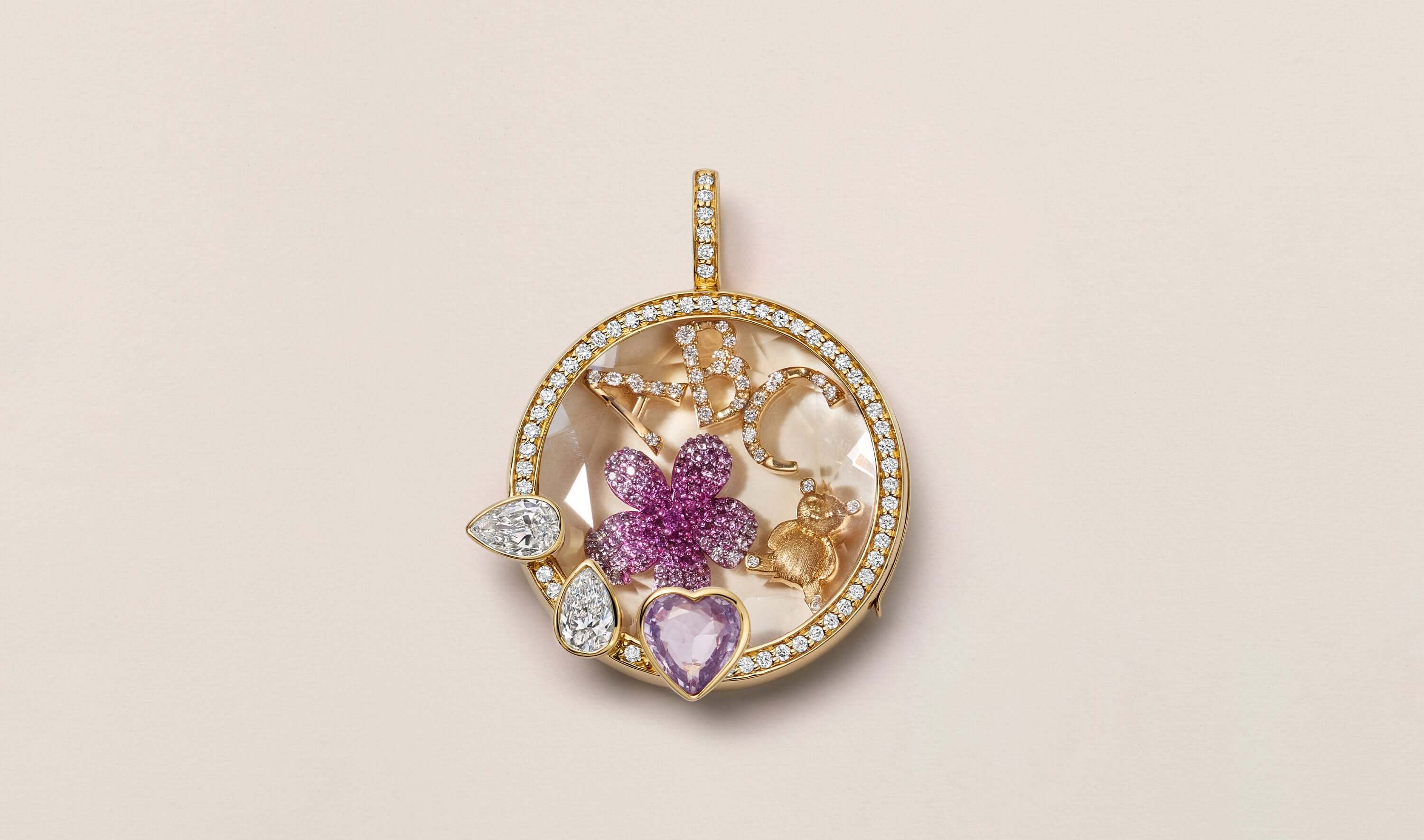 Pink Sapphire Heart Drop Diamond Locket | 18k yellow gold | Loquet London